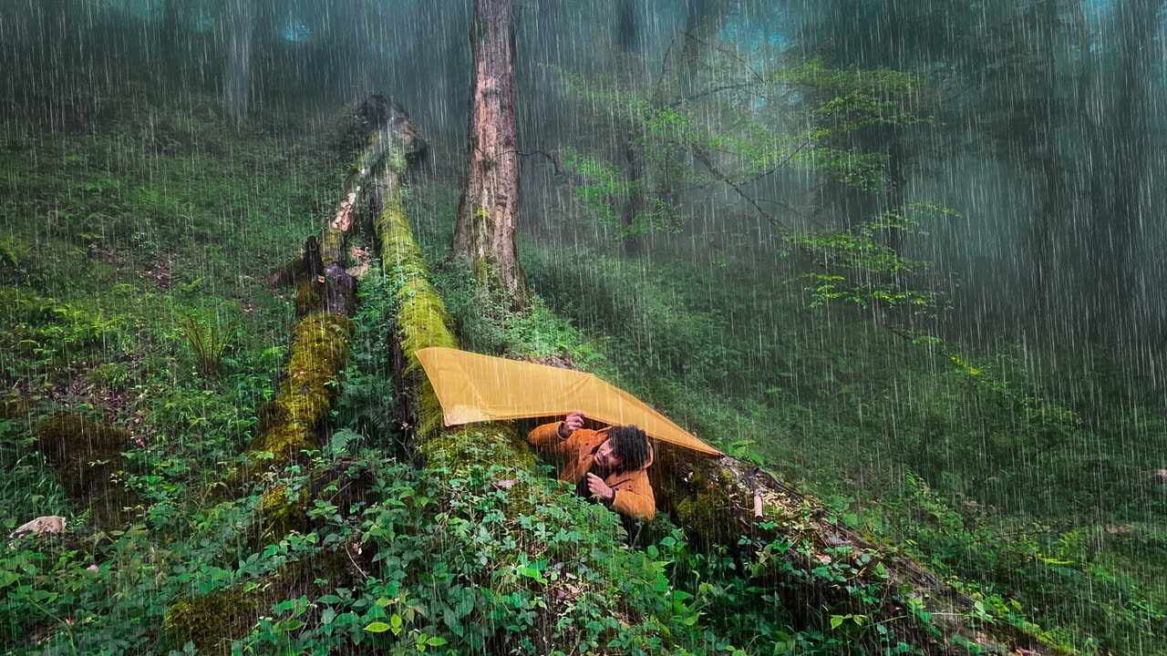 Sleeping in a Fallen Tree - Tarp Camping in the Rain - YouTube