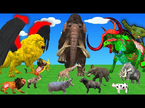 20 mammoths, elephants, and cows vs. lion and wolf zombies; mammoths lead a cow rescue.