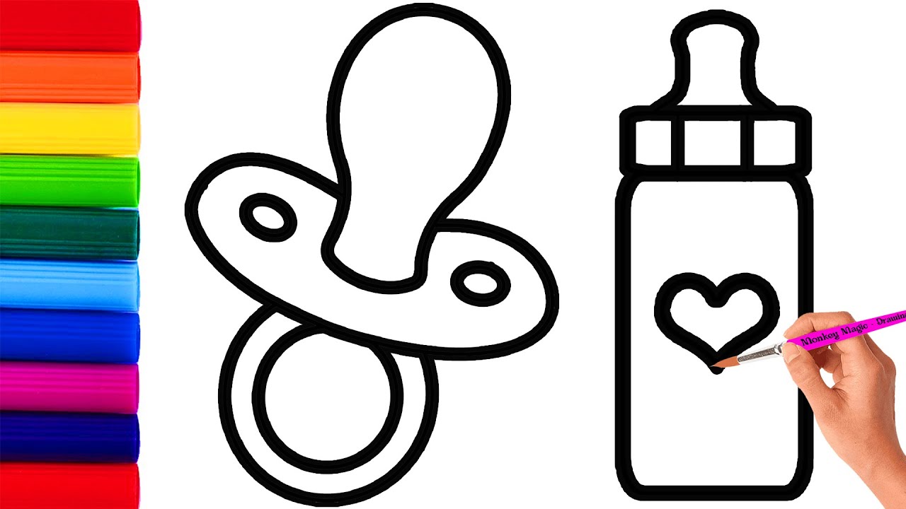 Draw and Color baby bottle and pacifier | Easy Drawing | For Toddlers ...