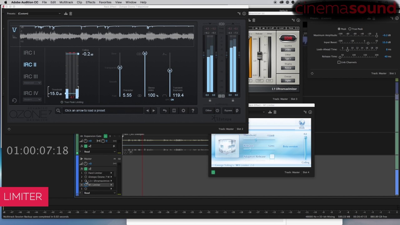 Cinema Sound: Audition, iZotope Ozone, L1 & W1 Limiter Shootout! - YouTube