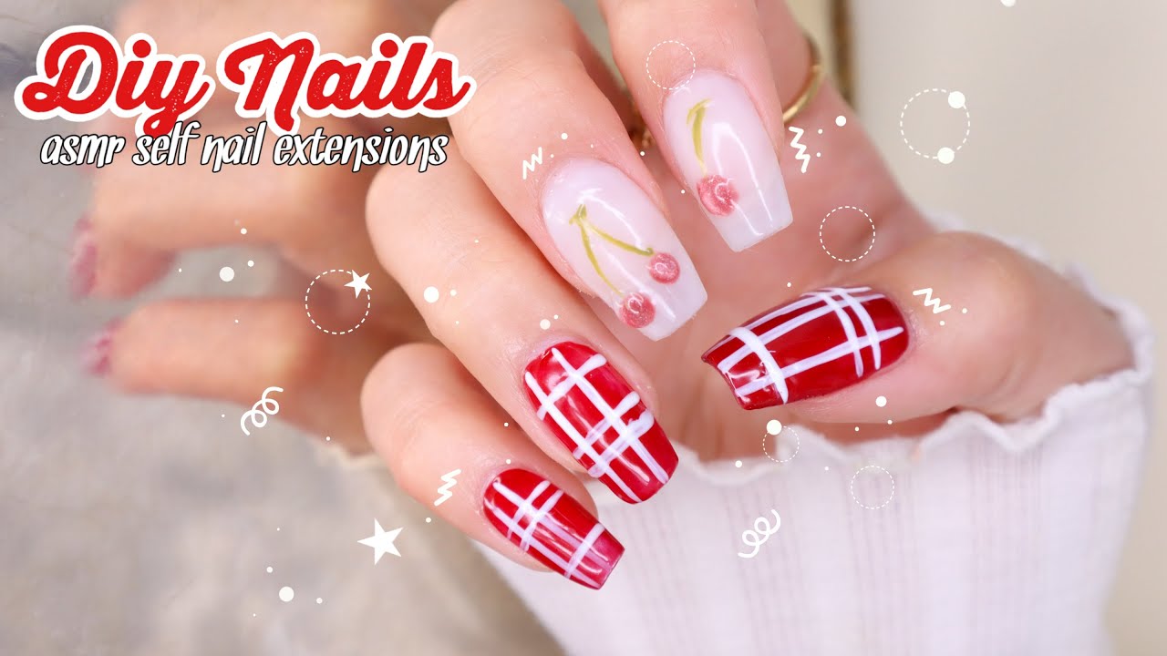 how to do gel x at home 🍒 doing cherry nails w/me ༘♡‧₊˚easy self nails ...
