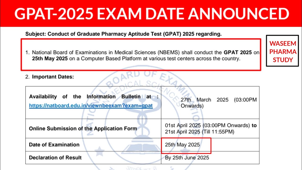 GPAT 2025, EXAM DATE ANNOUNCED, NBEMS NEW NOTICE #gpat #gpat2025 # ...