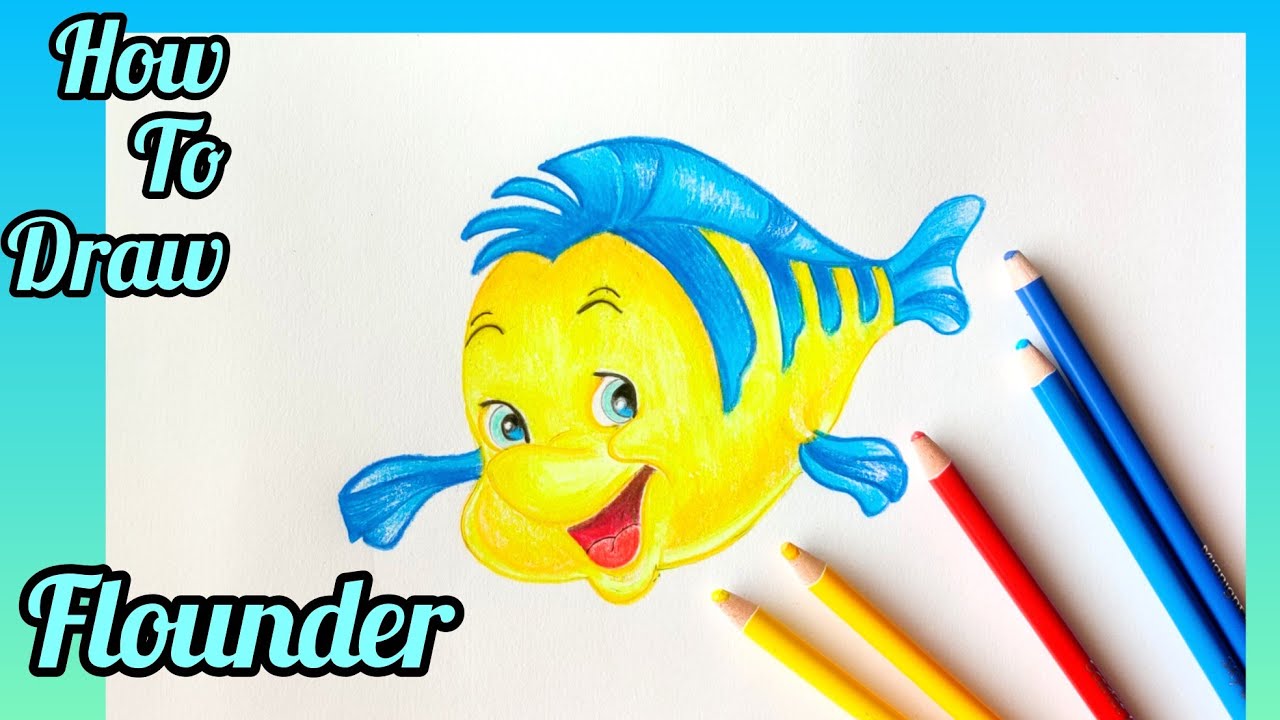 How to draw a cute Flounder from The Little Mermaid | Easy Step-by-Step ...