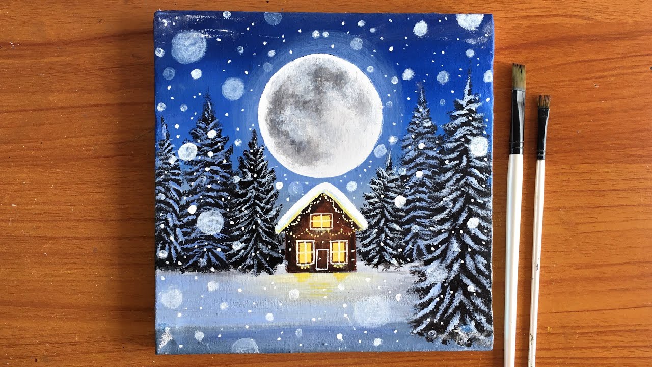 Cozy Cabin in Snowfall Landscape Painting | Acrylic Painting Winter ...