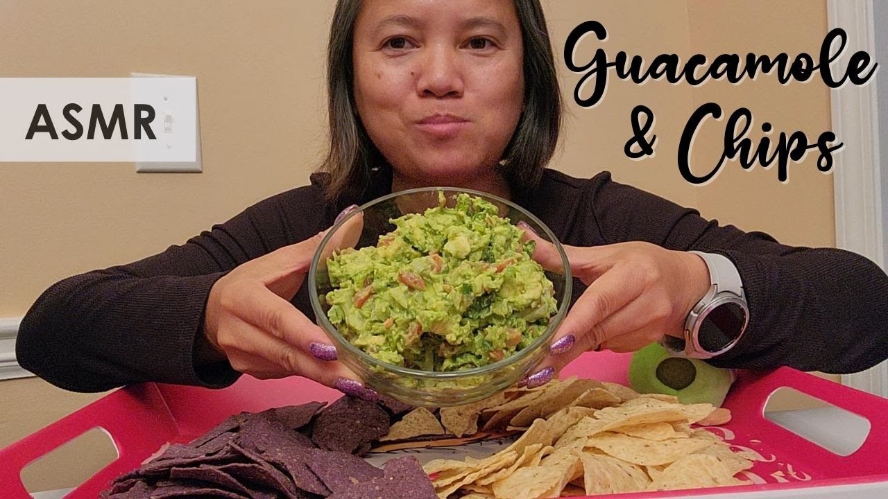 Fresh Chunky Guacamole and Tortilla Chips. Crunching and chewing sounds ...