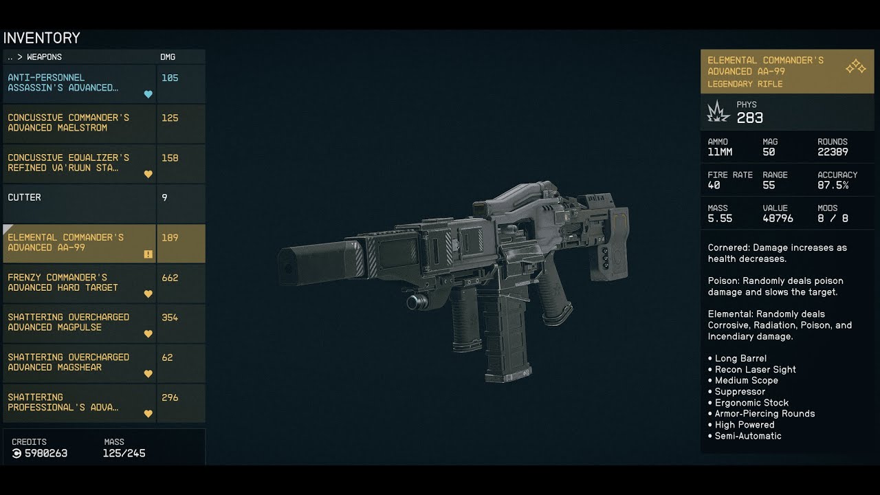 Starfield Gamplay, Increasing Stats on Legendary Elemental Commander's Advanced AA-99 Rifle ...