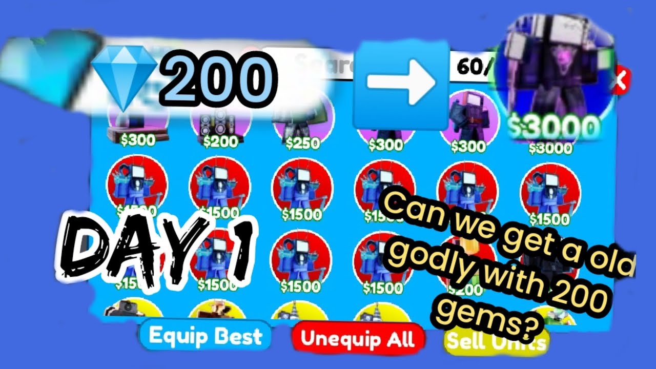 200 gems to old godly day one | toilet tower defense - YouTube