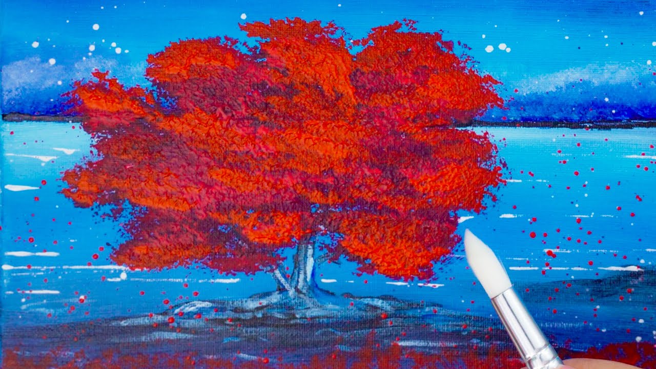 Night Landscape Painting For Beginners I Red Tree I Acrylic Painting ...