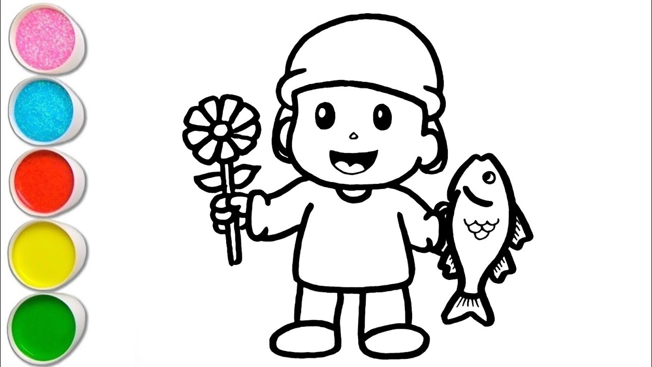 Pocoyo with Flower and Fish Drawing, Painting and Coloring For Kids and ...