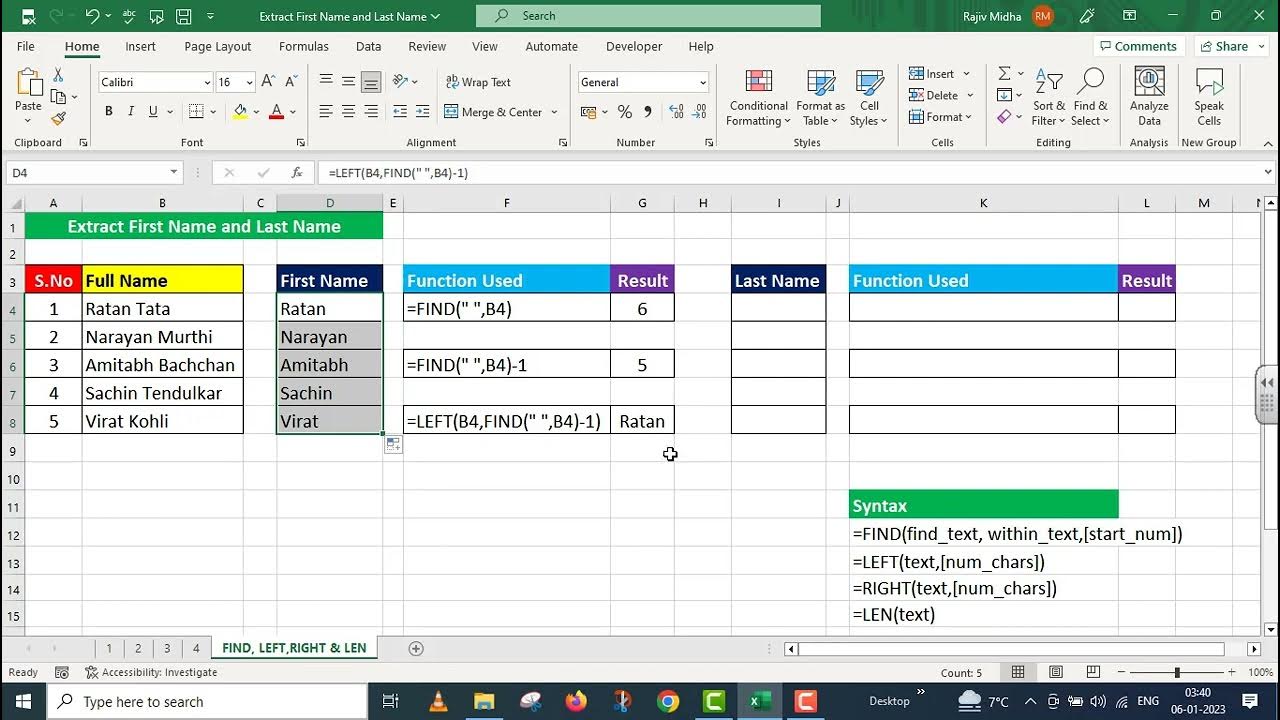FIND, LEFT, RIGHT and LEN Functions Extract First Name and Last Name - YouTube