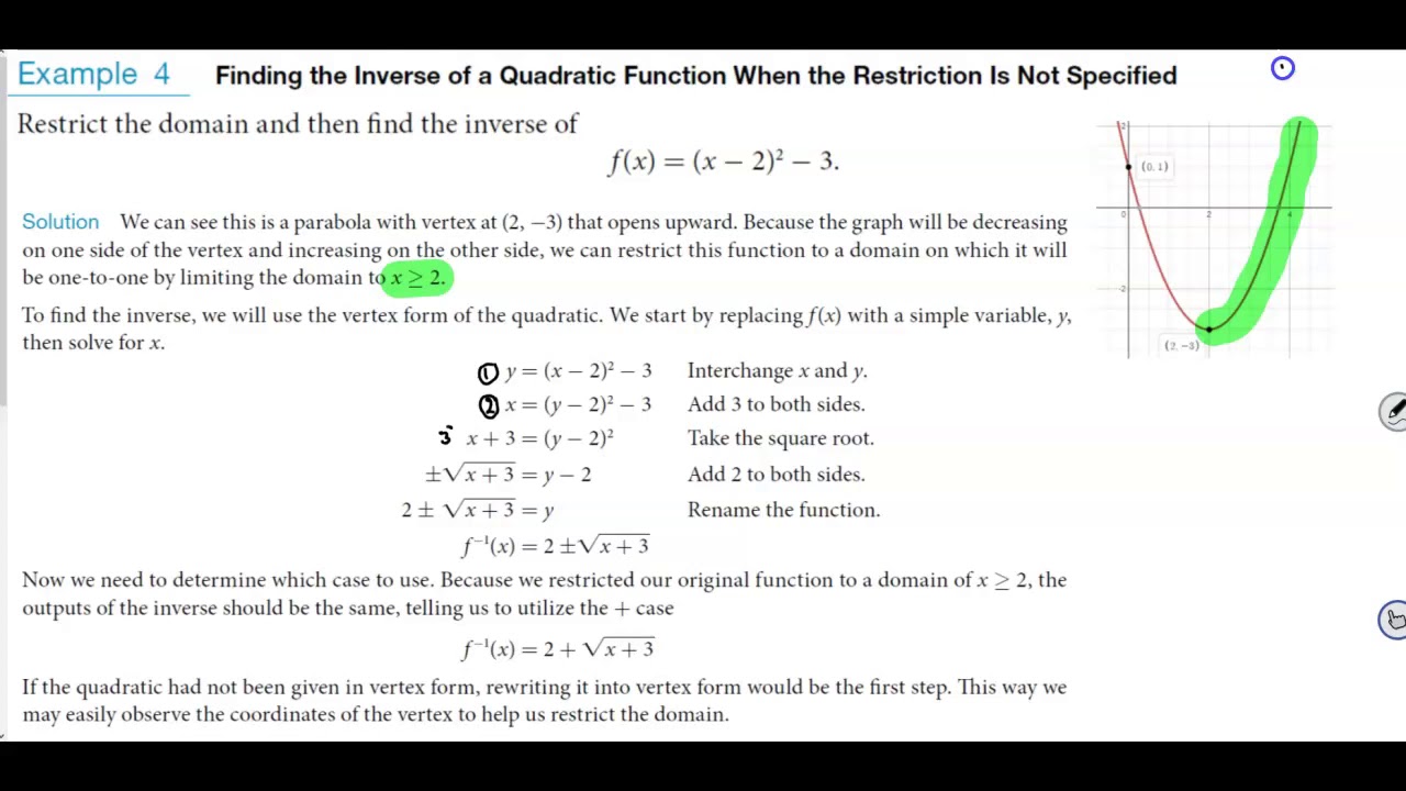 Math 10 5.7 Ex. 4 Finding the Inverse of a Quadratic Function When the ...