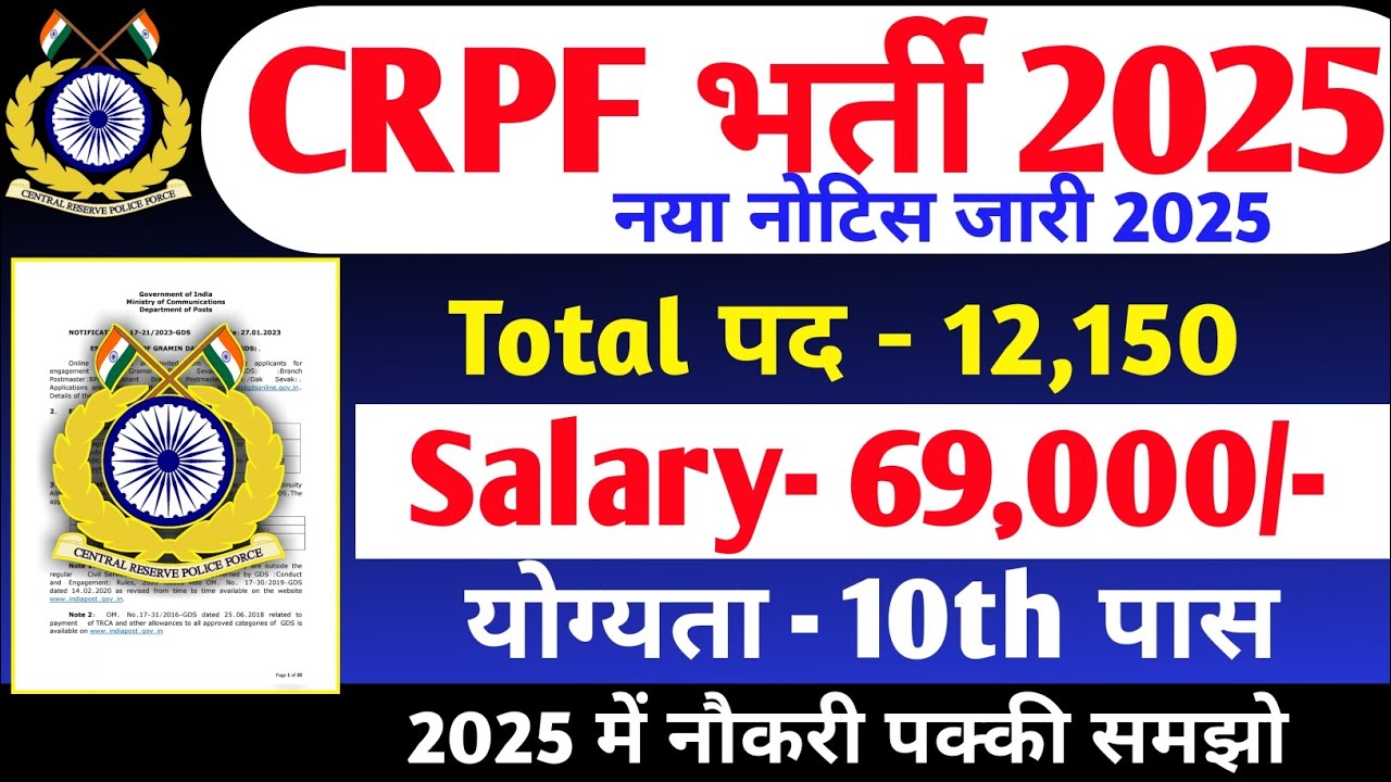 CRPF New Vacancy 2025 | CRPF Rally Recruitment 2025 Notification | CRPF ...