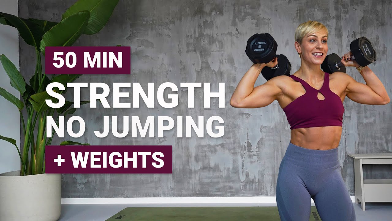 50 MIN FULL BODY STRENGTH WORKOUT | NO JUMPING | Dumbbells | Weights ...