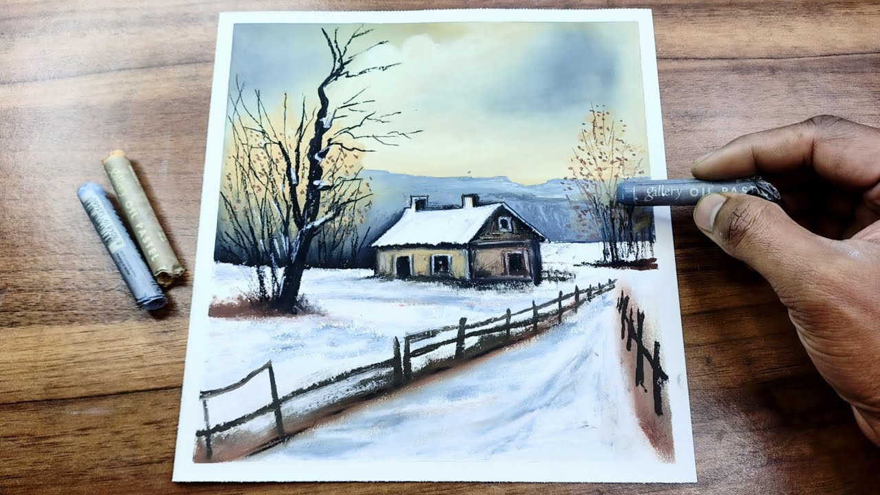 Easy winter landscape drawing - How to draw beautiful scenery - Oil ...