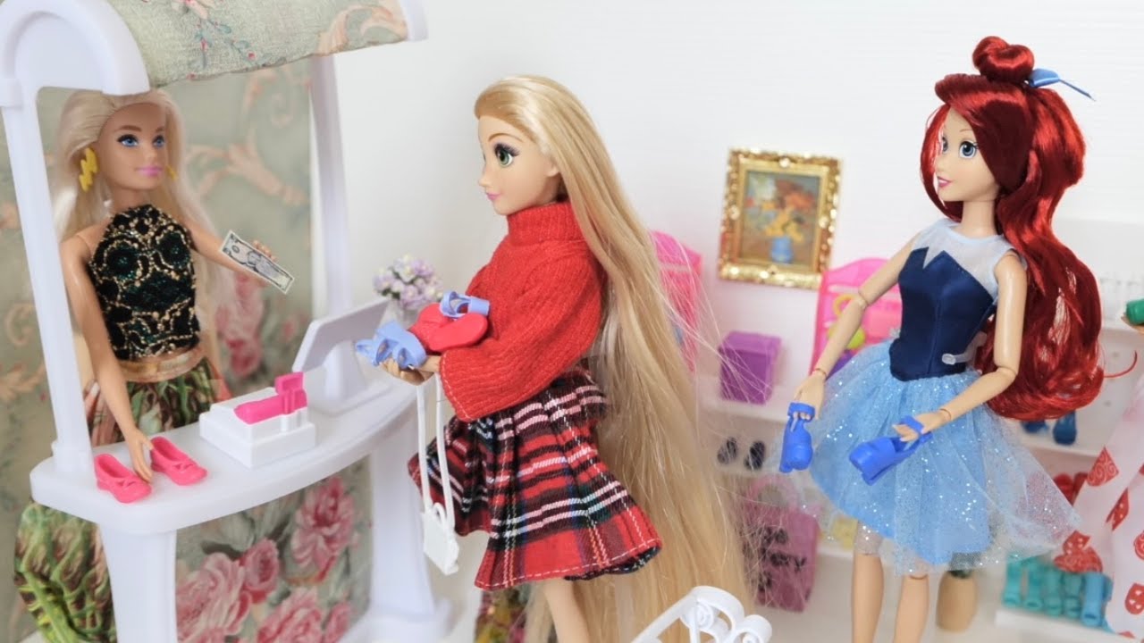 BARBIE RAPUNZEL ARIEL MORNING ROUTINE🏠 BARBIE SHOE SHOPPING 🛍️ 🛒 - YouTube