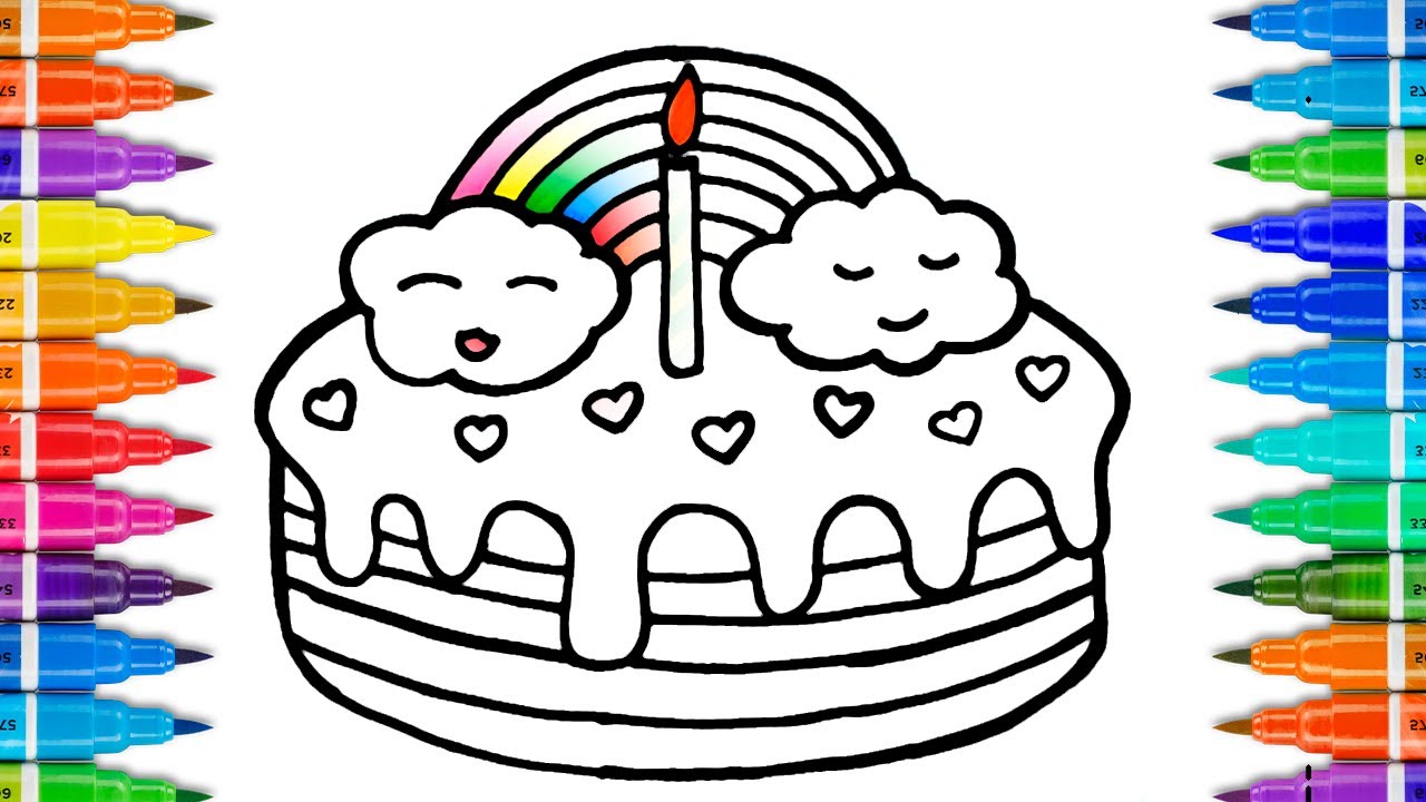 Drawing and coloring birthday cake with rainbow - YouTube