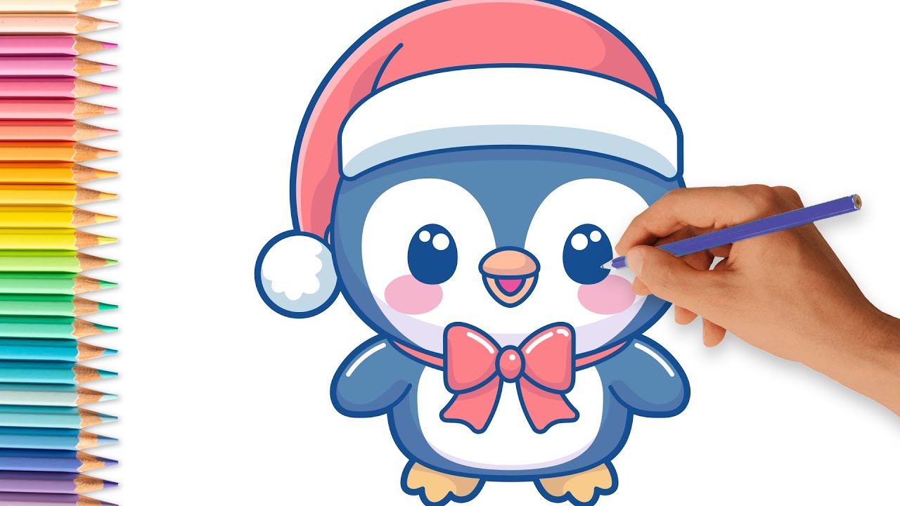 Dibujo de Pingüino navideño Kawaii