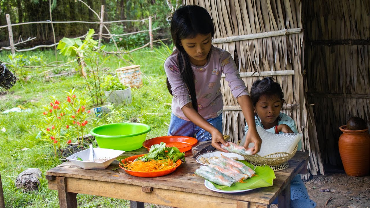 Adorable little chef make Spring Rolls recipe , Rural lifestyle - YouTube