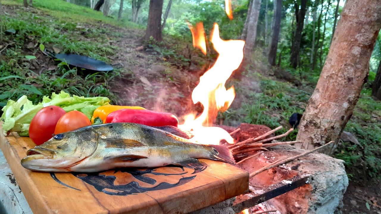 TUCUNARÉ FRITO NO DISCO DE ARADO, Pescando e preparando na beira do rio ...