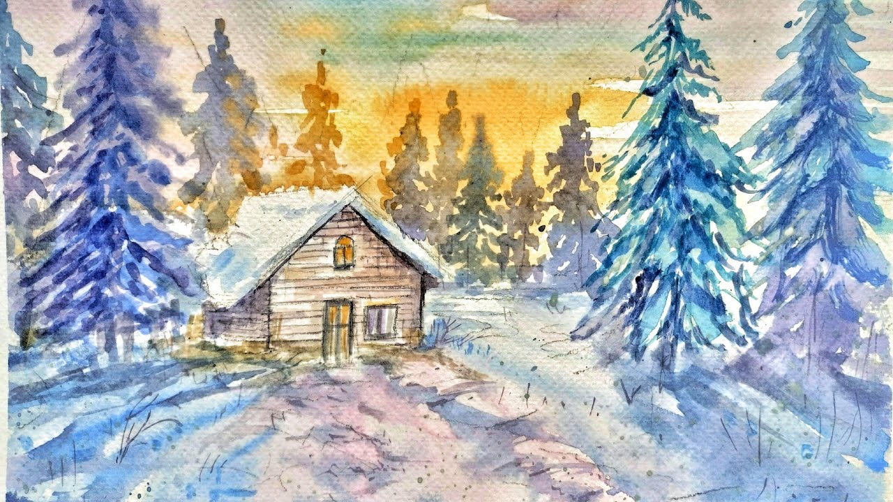 watercolor Christmas scene ,Winter season, snow landscape watercolor ...