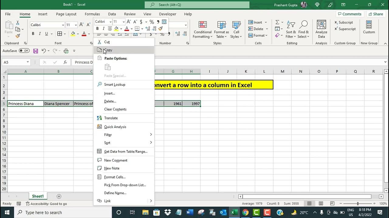 Convert a row into a column Excel - YouTube
