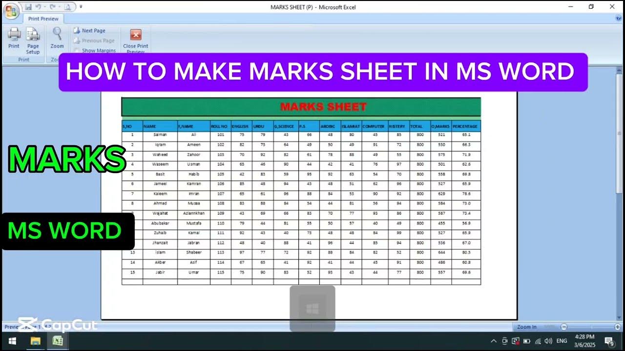 How to make Marks sheet in Ms Excel ||Ms Excel ma Marks sheet banani ka tariqa || - YouTube