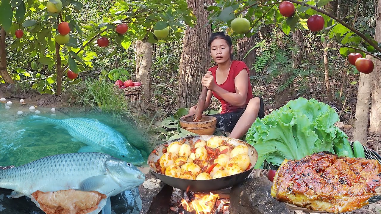 Catch and cook fish for survival food, Egg spicy braised tasty and ...