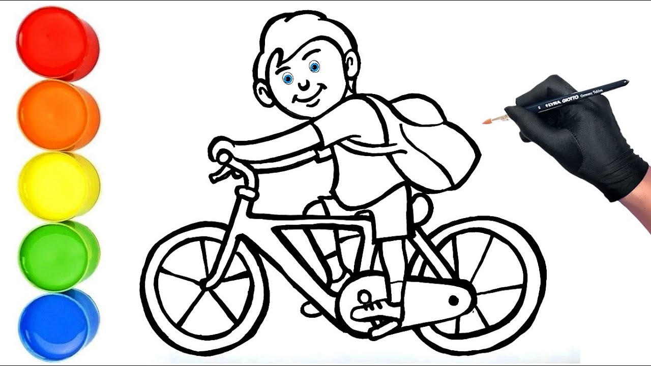 Drawing and Coloring Kid Riding a Bike with easy way step by step, for ...