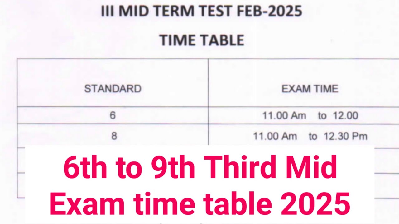 6th,7th,8th,9th std Third Mid term test time table 2025|6th to9th Third ...