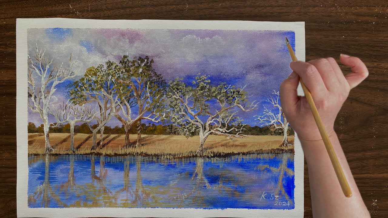 Painting Prairie Trees Mirrored in Water/Step-by-Step Timelapse @Kelly ...