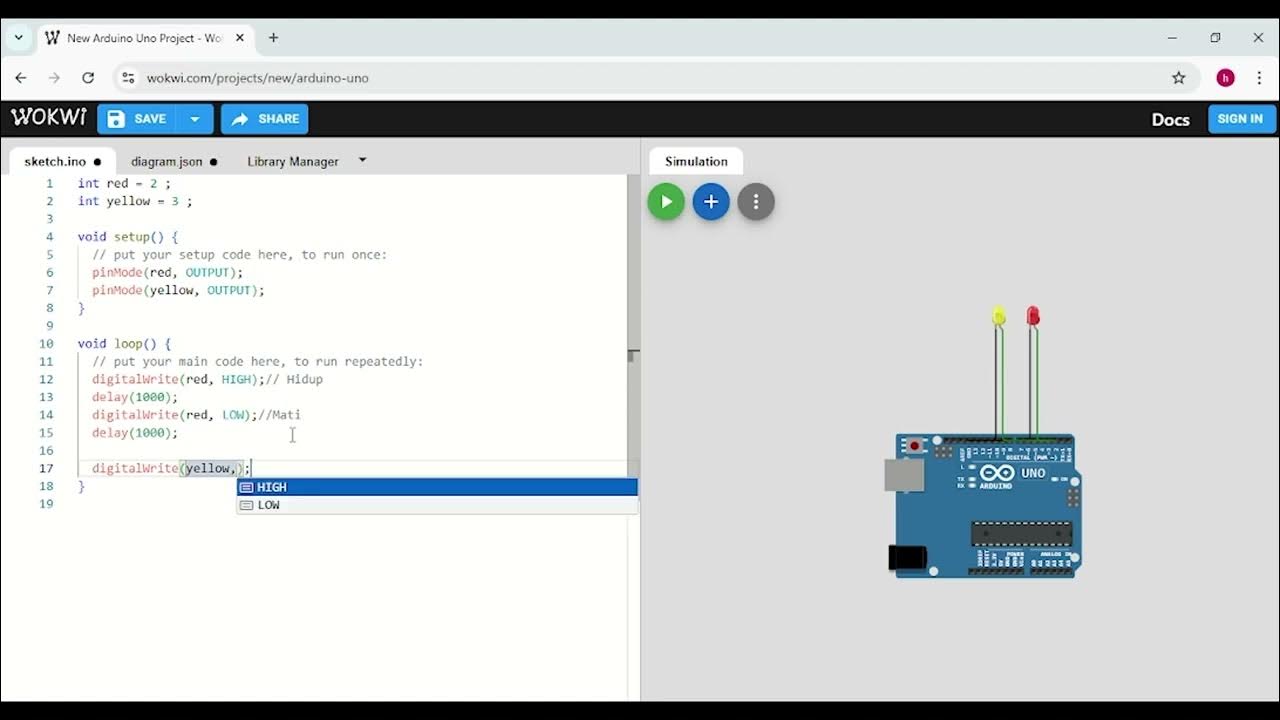 Penggunaan arduino simulator menyalakan LED - YouTube