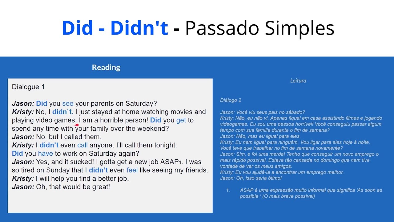 Leitura em inglês - Did- didn't - Passado Simples - Intermediário B1 ...