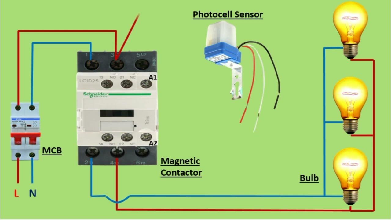 Photocell sensor wiring diagram with magnatic contactor - YouTube