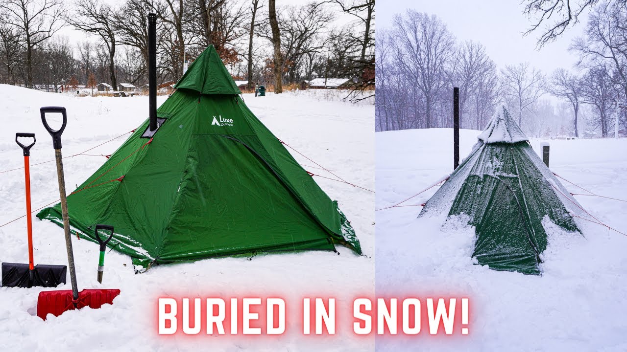 Hot Tent Winter Camping In Snow Storm First Hot Tent Overnighter In