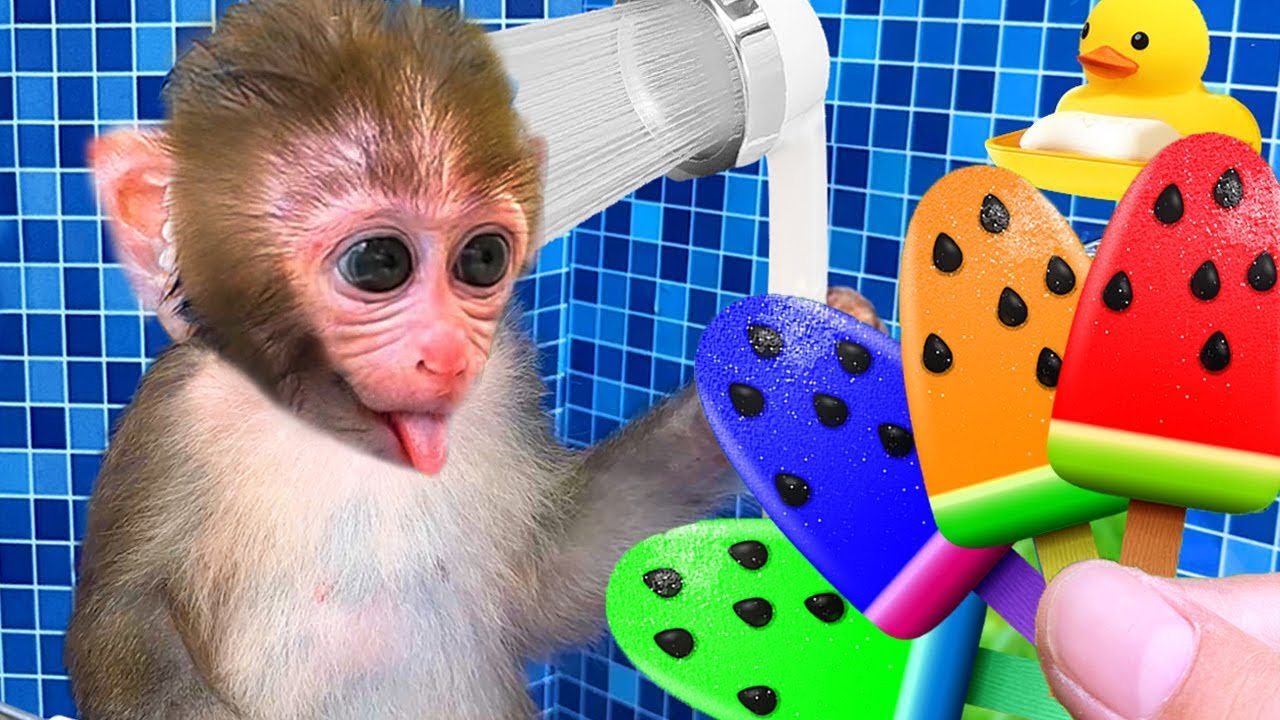 Bebe Mono BOBO hace gelatina y come con el perrito y conejo en la ...