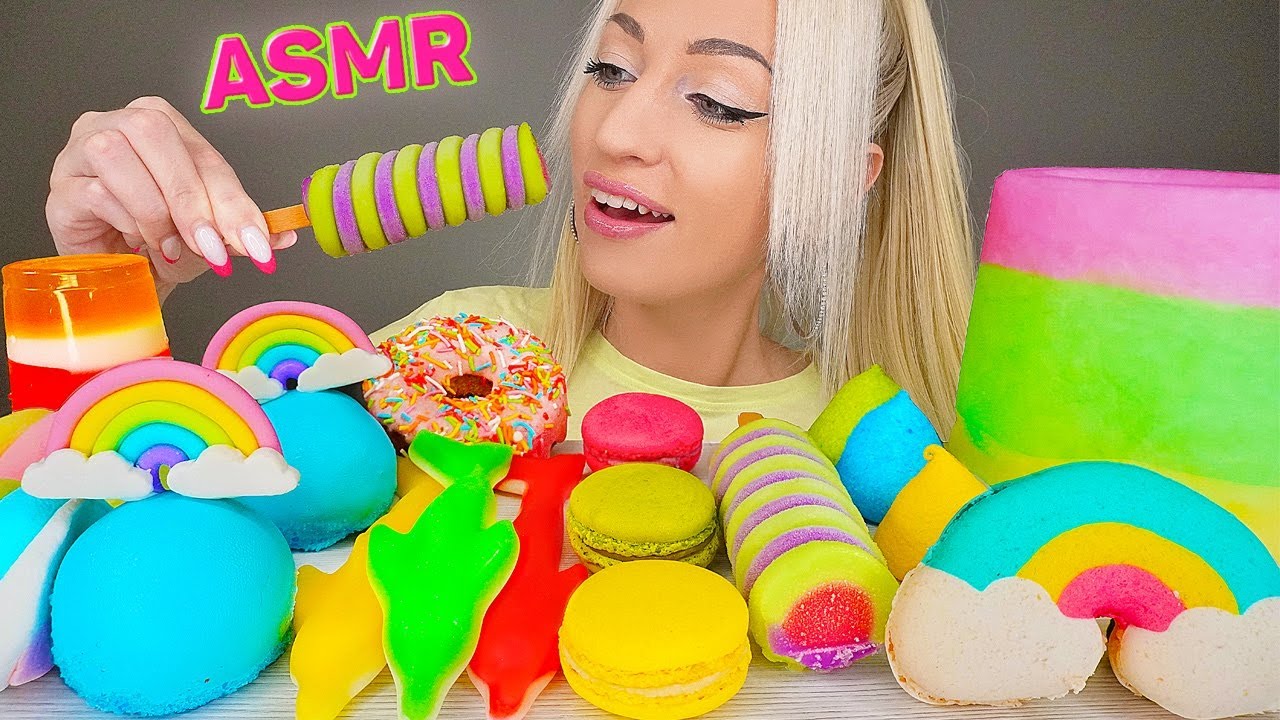 ASMR EATING RAINBOW DESSERT, ICE CREAM, GUMMY CANDY, JELLY, MACAROONS ...