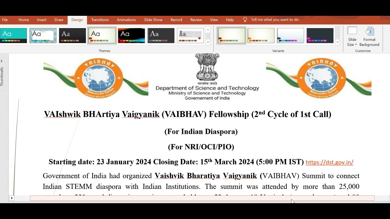 VAIshwik BHArtiya Vaigyanik (VAIBHAV) Fellowship (2nd Cycle of 1st Call ...