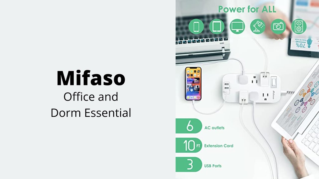 Mifaso | Power Strip - 10 FT Long Flat Plug Extension Cord, 6 Outlets 3 USB Ports Outlet ...