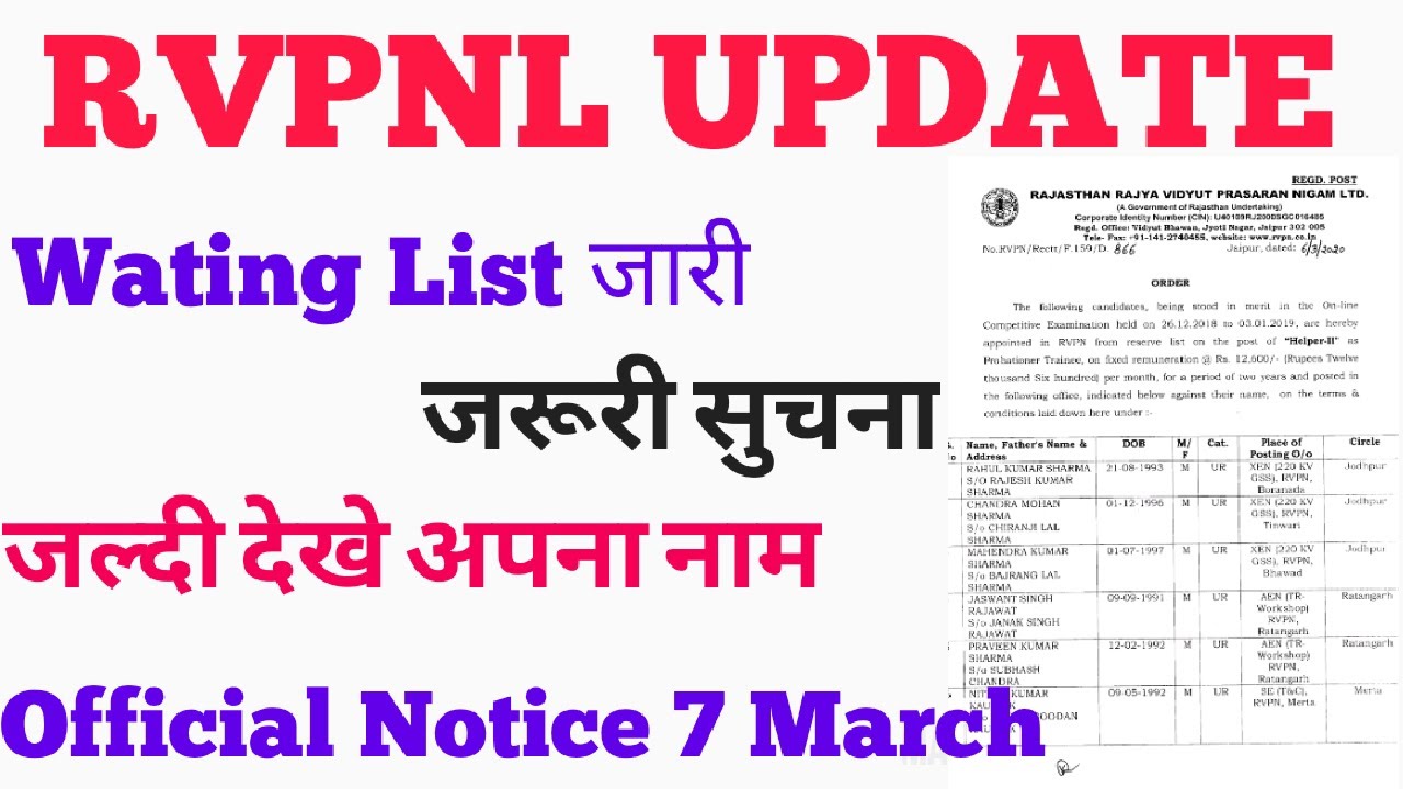 RVPNL HELPER 2 Wating list // JVVNL / AVVAL / JDVVNL / जरूरी सुचना ...