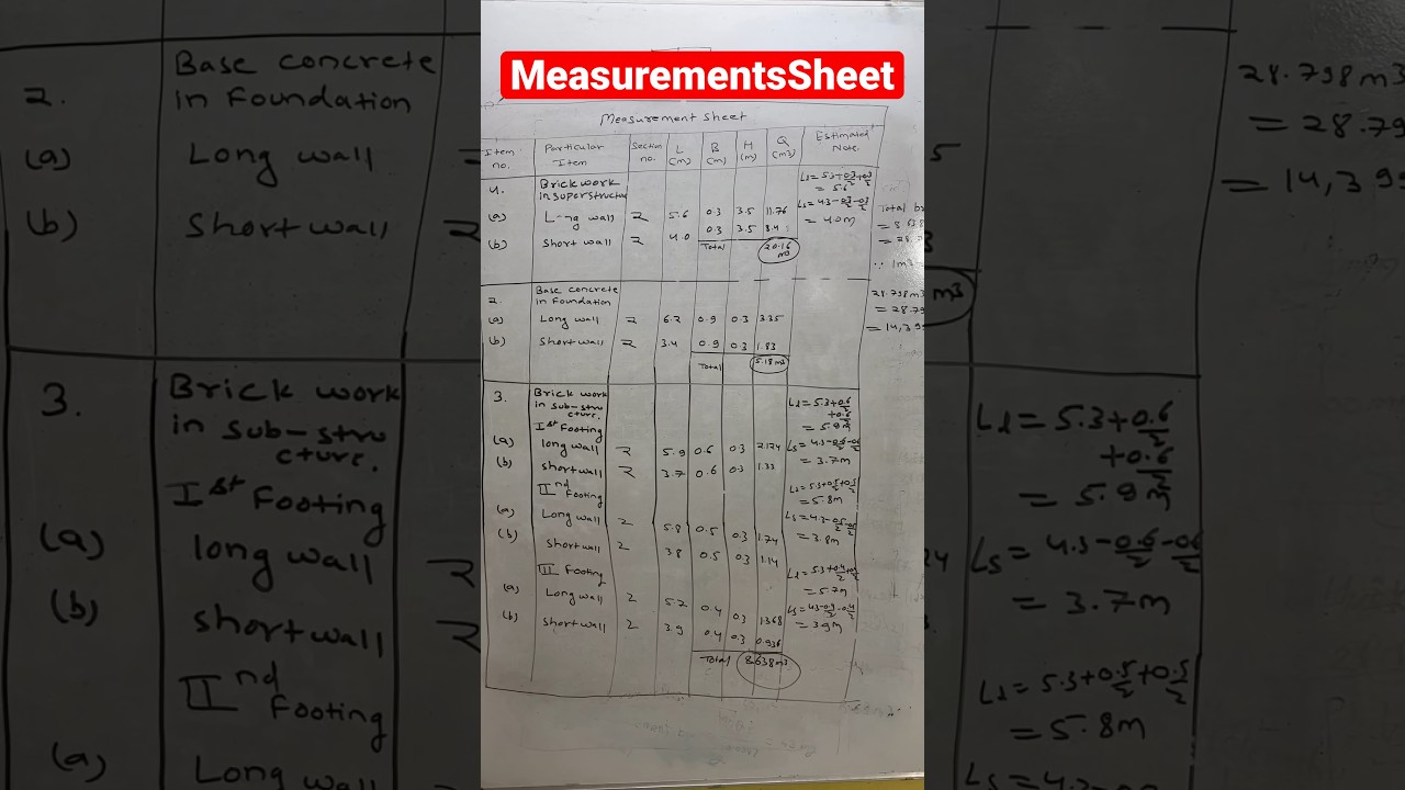 Measurements Sheet #shorts #civil#civilengineering - YouTube