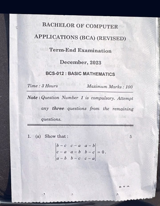 bca 1st semester exam paper dec 2023 bcs 012 ignou basic mathematics ...