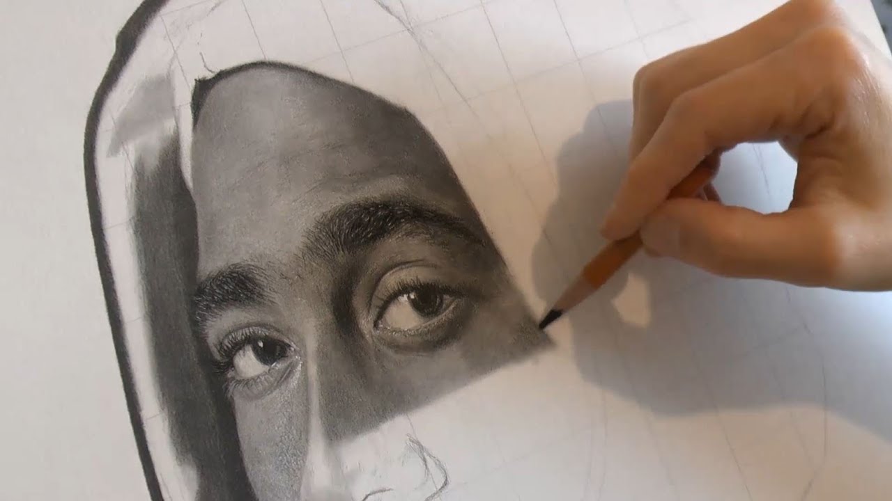 Drawing Tupac's eyes/forehead Part 2/8. photo ref: Albert Watson - YouTube