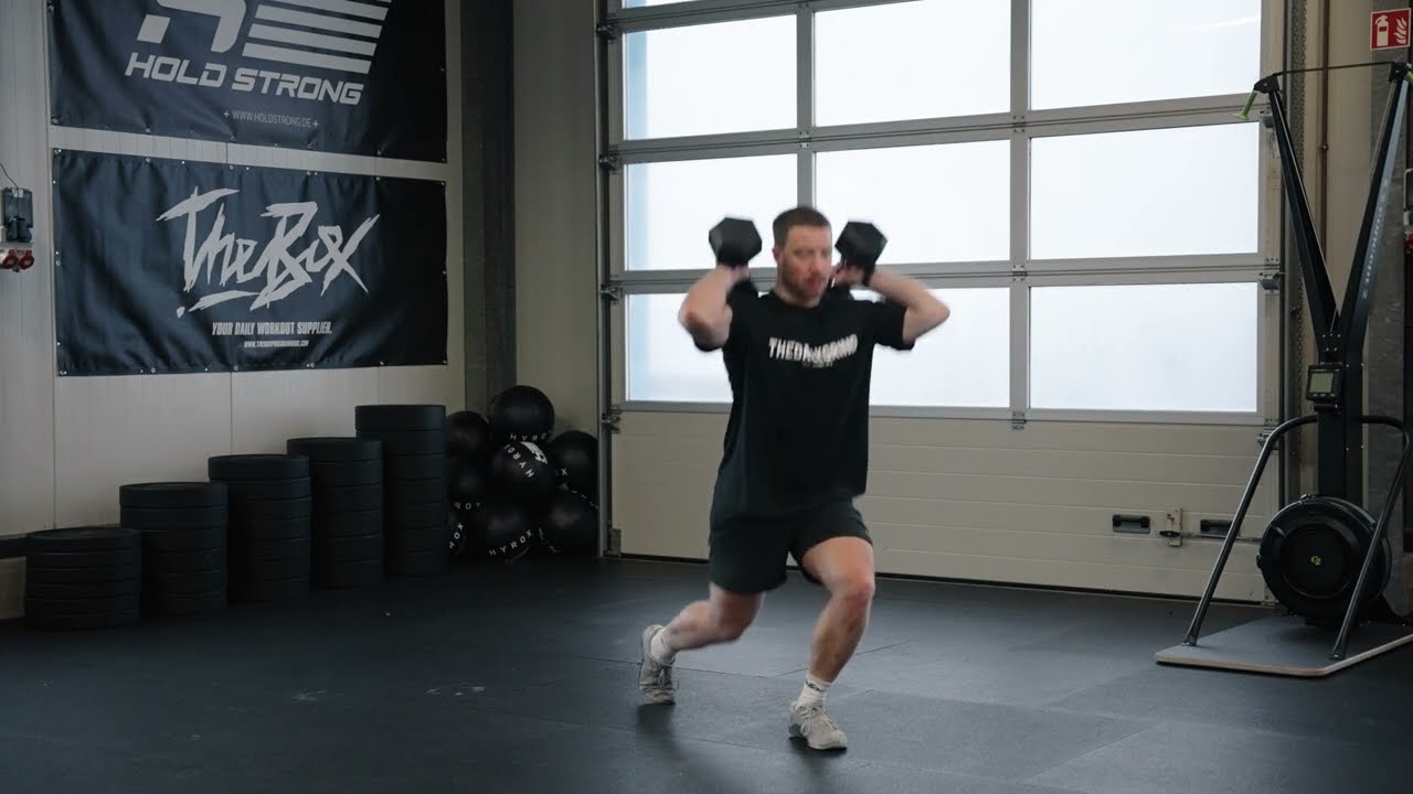 DUAL DUMBBELL FRONT RACK WALKING LUNGE - YouTube