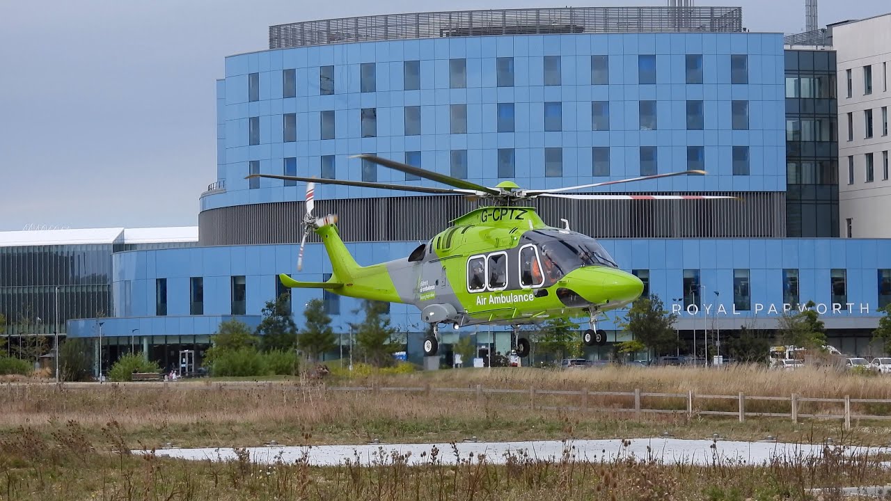 Children's Air Ambulance AW169 G-CPTZ departing from the Addenbrooke's ...