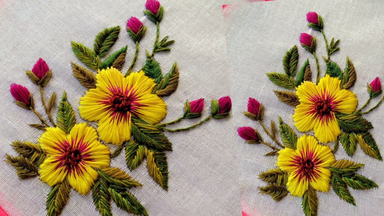 Satin hand embroidery on yellow flower - YouTube