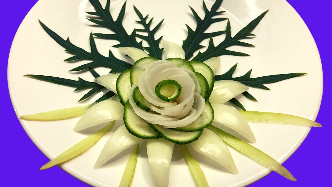 Easy Salad Decoration With Cucumber, Onion & White Radish Rose Carving ...