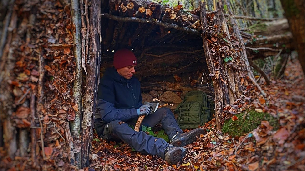 Solo Bushcraft Camp Under Fallen Tree - in AUTUMN Forest - YouTube