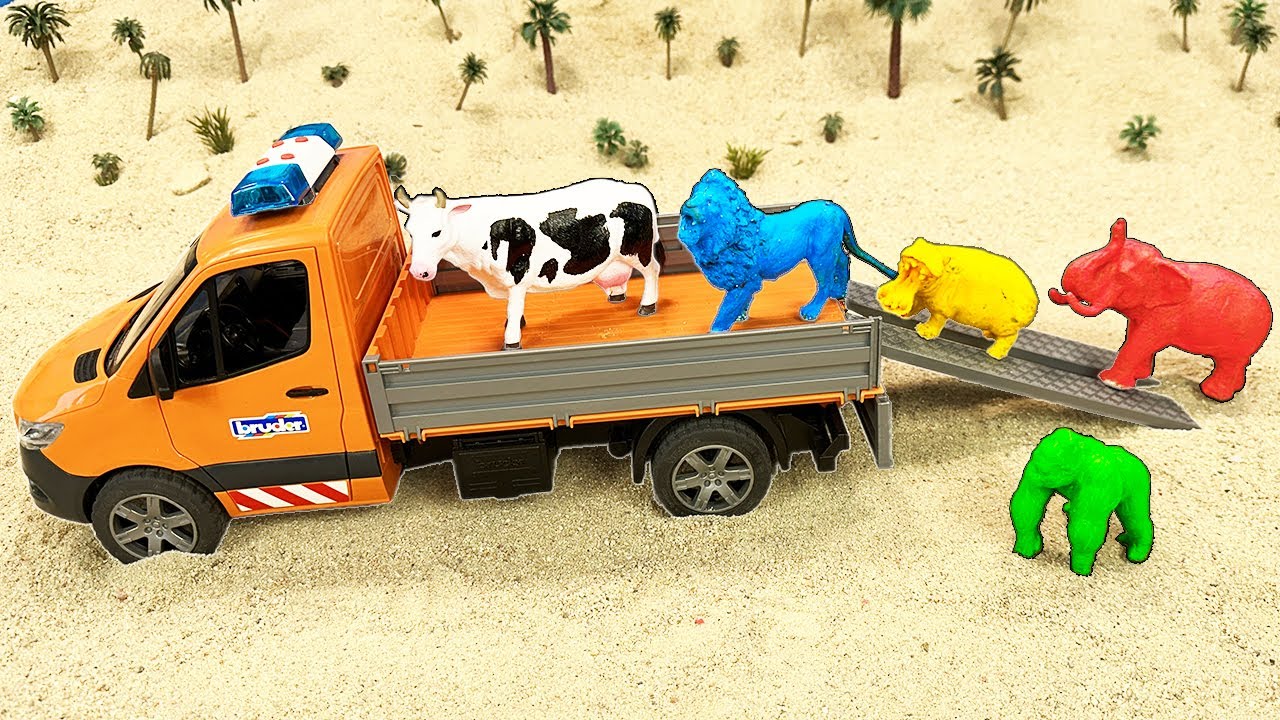 Rescue Tow Truck transporting animals Cow, Lion, Hippopotamus, Elephant ...