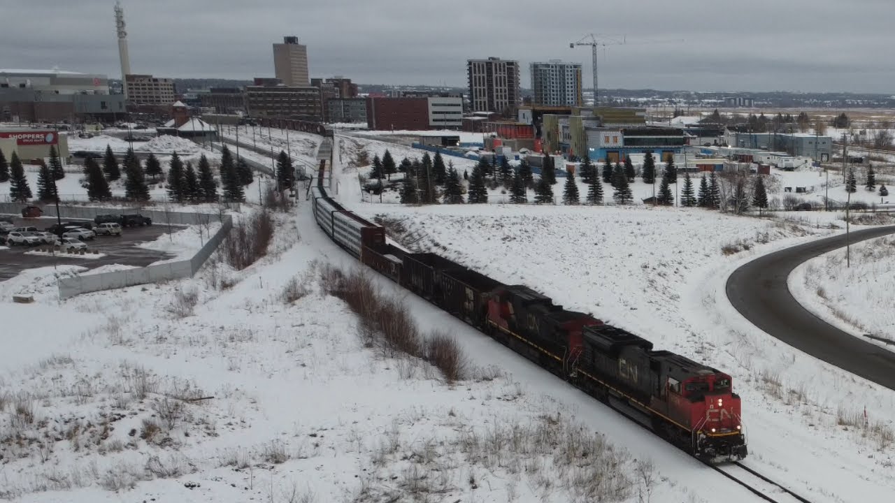 Awesome 4K Aerial View! Long Manifest Train CN 507 Rolling thru Moncton ...