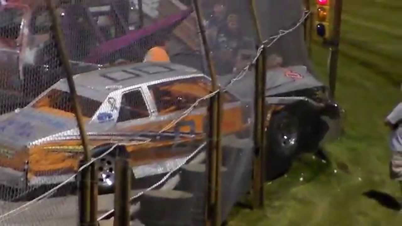 sportsdrome speedway figure 8 crash car goes through guard rail - YouTube